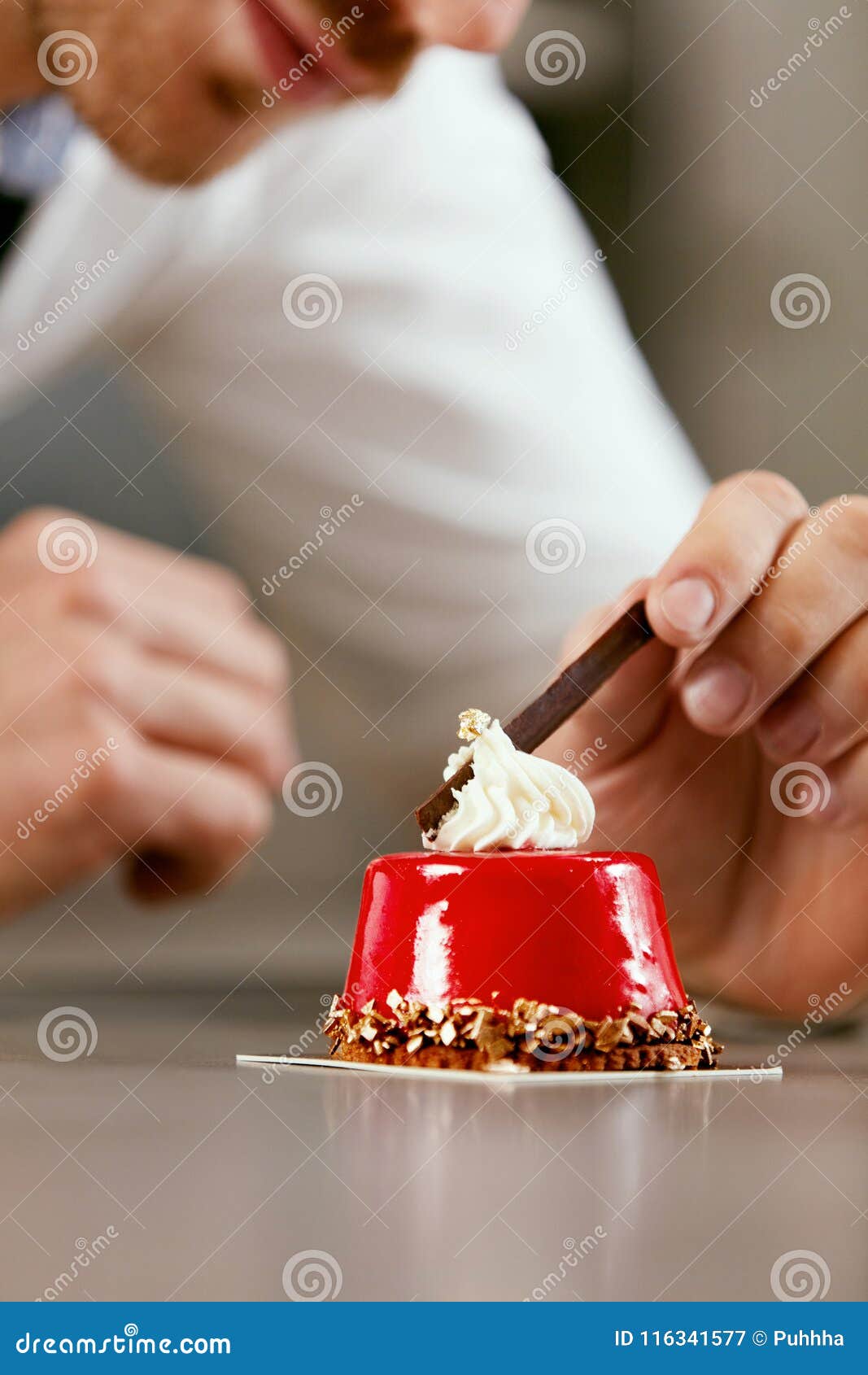 Sweets. Close Up of Hands Decorating Dessert on Table Stock Image ...
