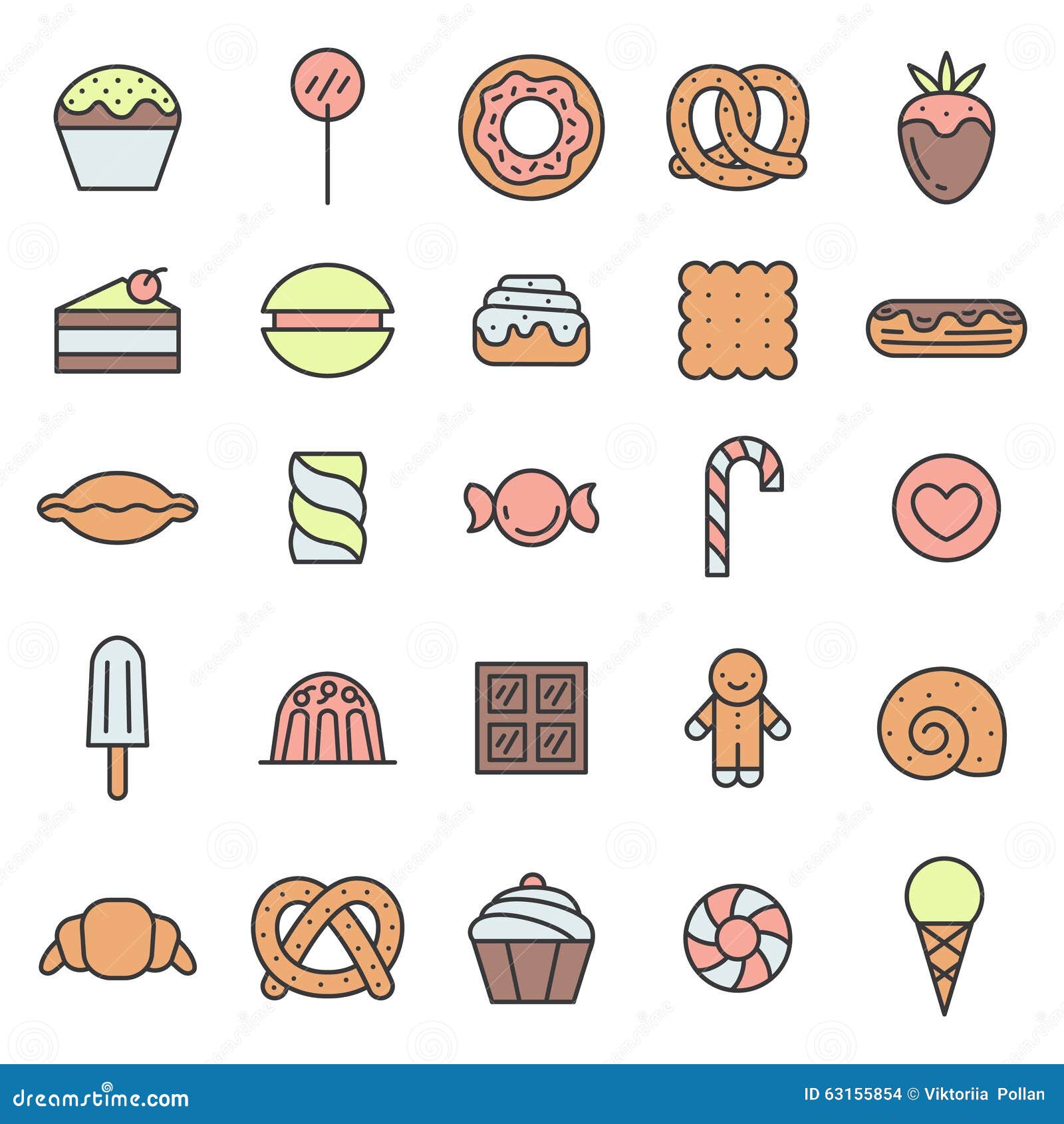 Sweets Outline Multicolored Icons Vector Set. Modern Minimalistic ...