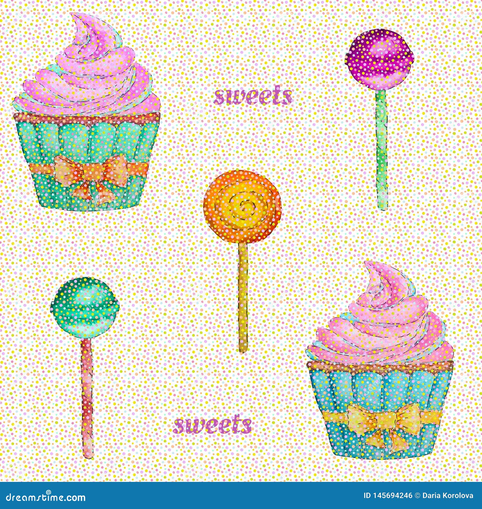 Sweets Seamless Pattern with Cupcake, Lollipop and Chupa Chups Stock ...