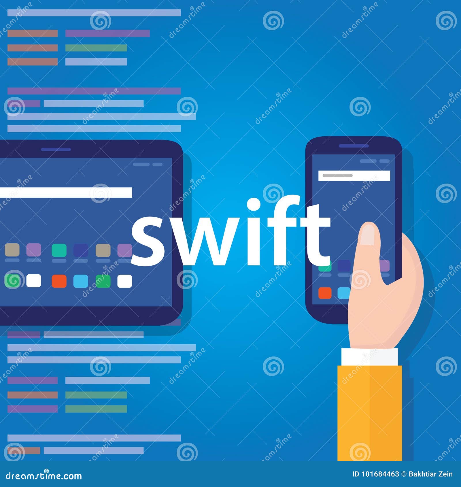 Swift Programming Language Development Concept Coding Background Colored Pixelized Text 3d