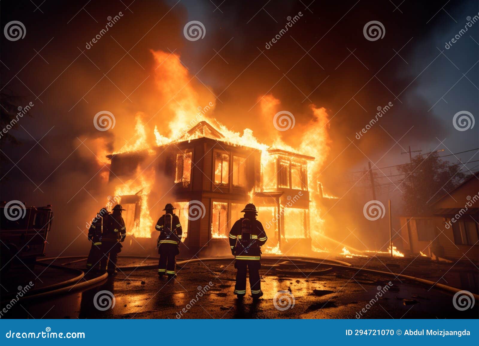 Swift Teamwork Firefighters Tackle A Raging House Inferno Stock Illustration Illustration Of