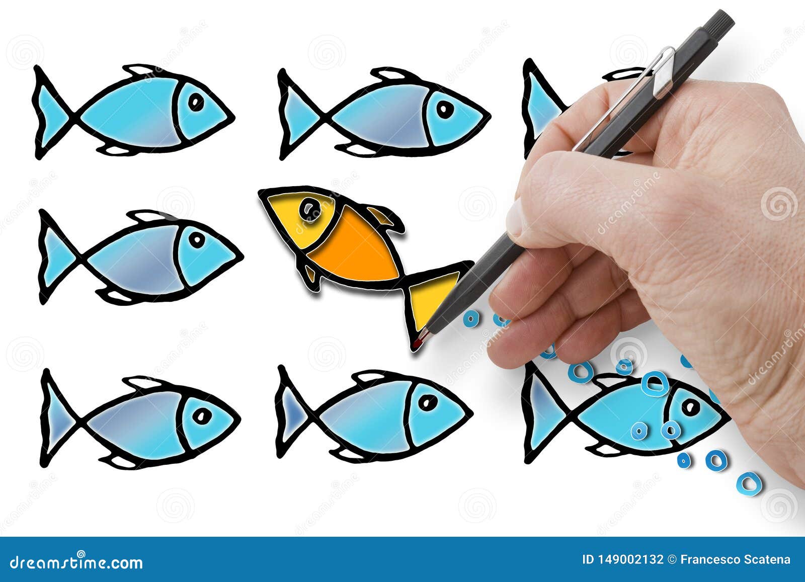 Swim Against the Tide - Hand Draws a Fish that Goes Against the Current ...