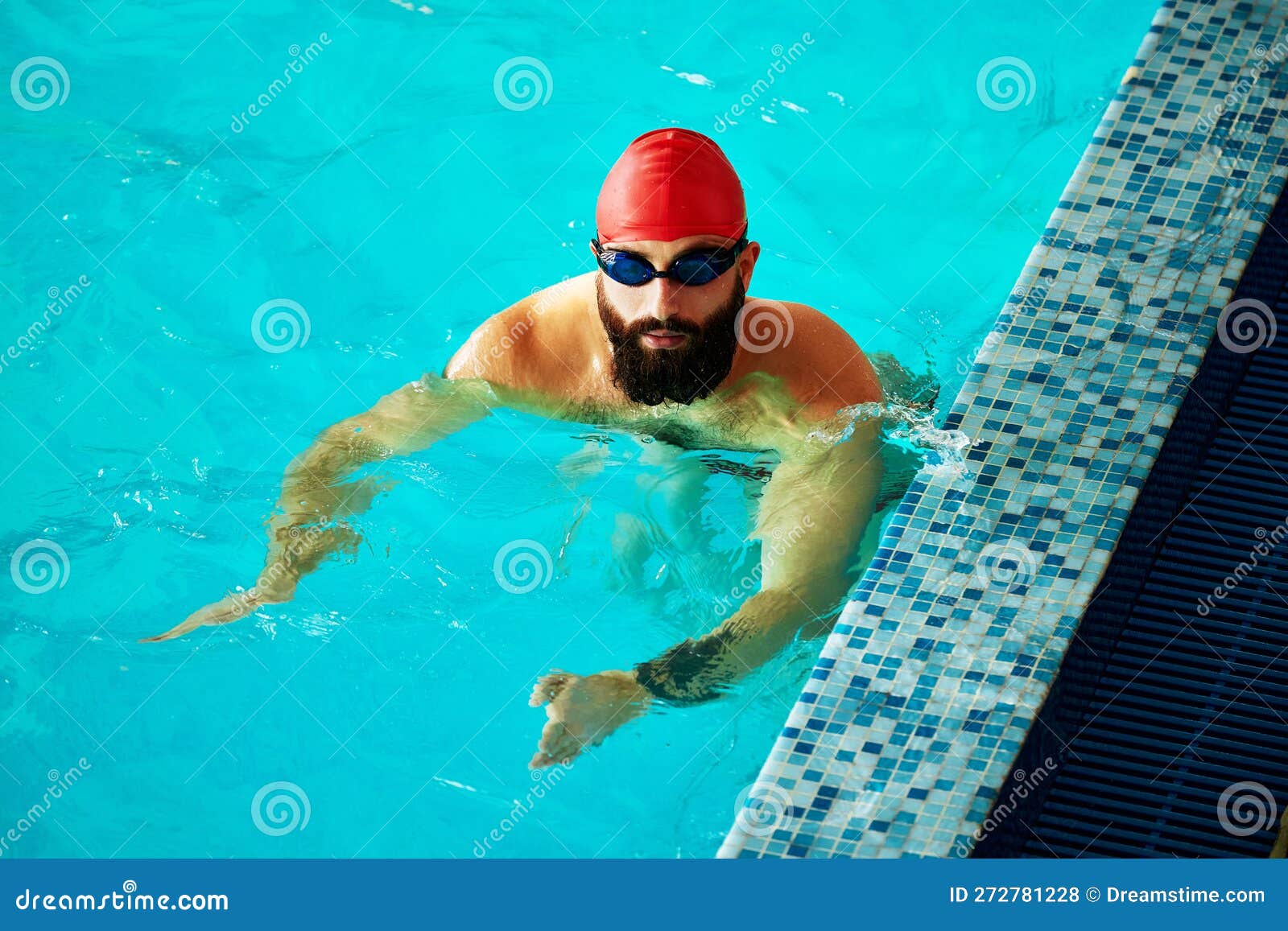 Swimmer Athlete Man Resting at the Side of the Pool Taking a Break ...