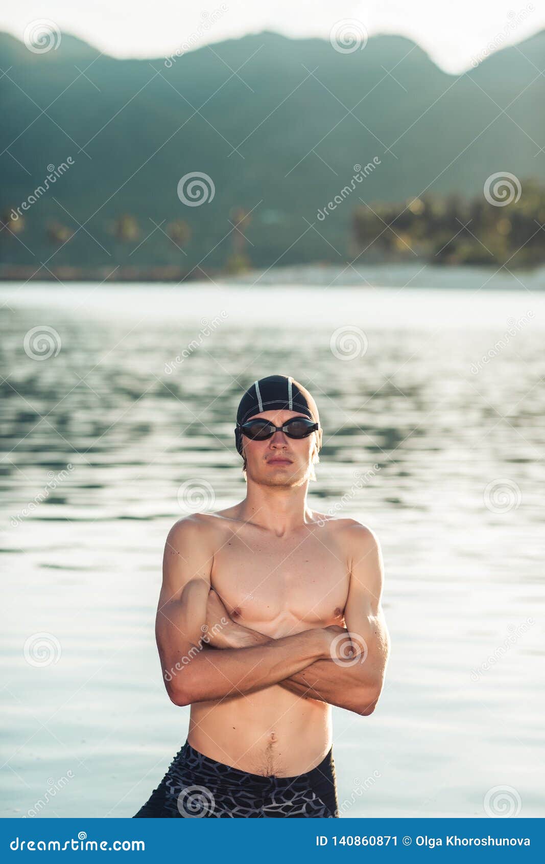 Swimmer model in a sea stock image. Image of adult, posing - 140860871