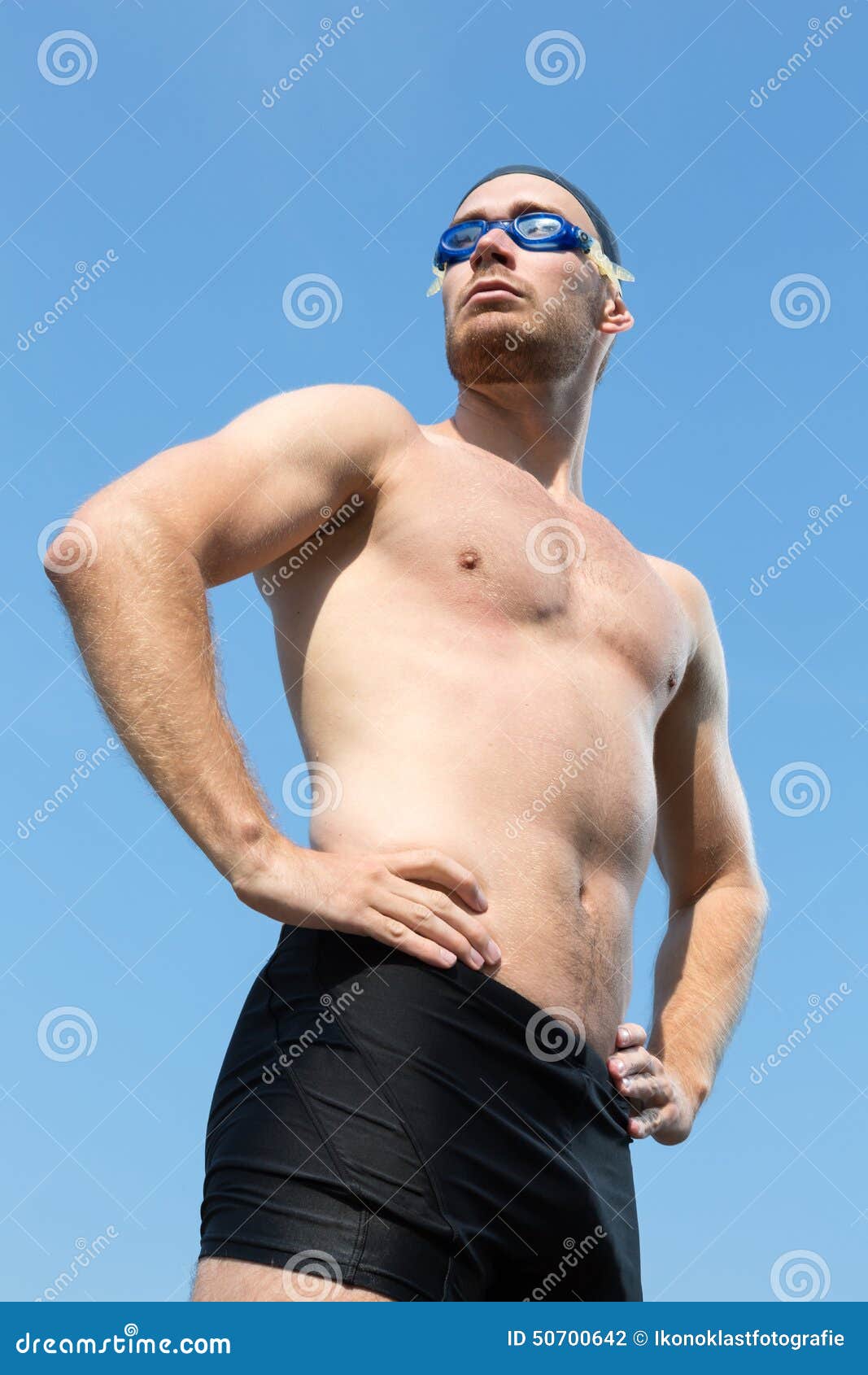 Swimmer with Swimming Goggles Posing with Blue Sky Stock Photo - Image ...