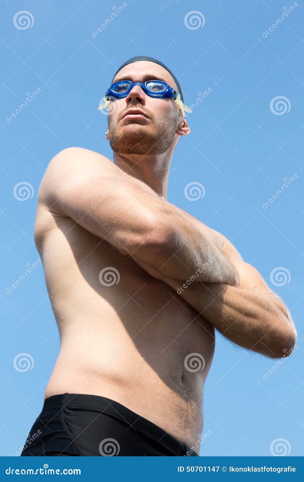 Swimmer with Swimming Goggles Posing with Blue Sky Stock Image - Image ...