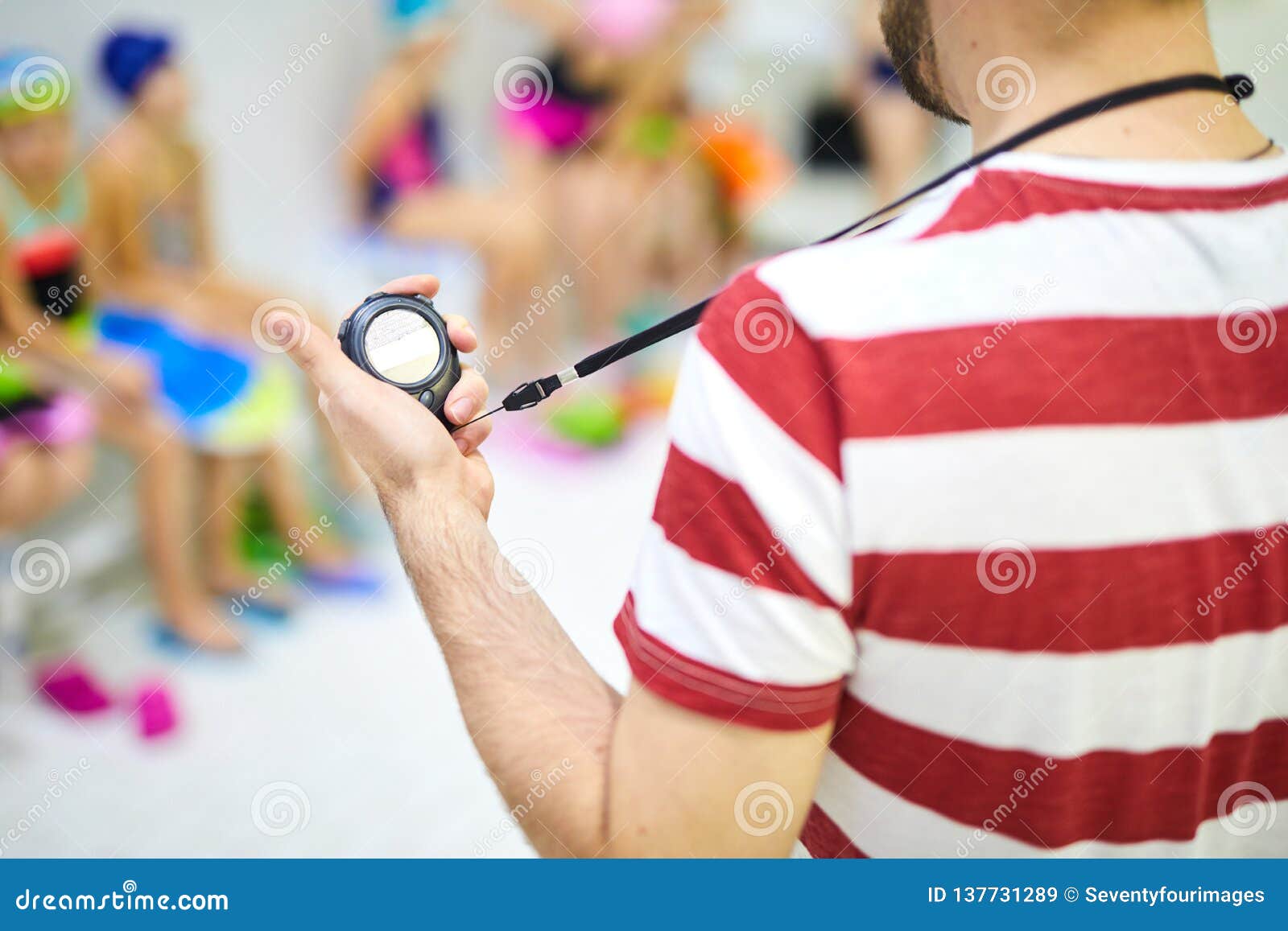 Swimming Coach Looking at His Stopwatch Stock Image - Image of training ...