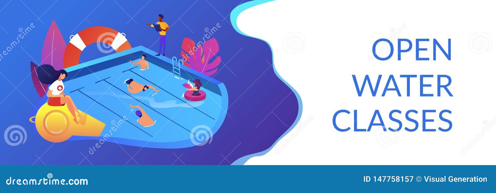 Swimming And Lifesaving Classes Concept Banner Header. Cartoon Vector ... Swimming And Lifesaving Classes Concept Banner Header. Cartoon Vector ...