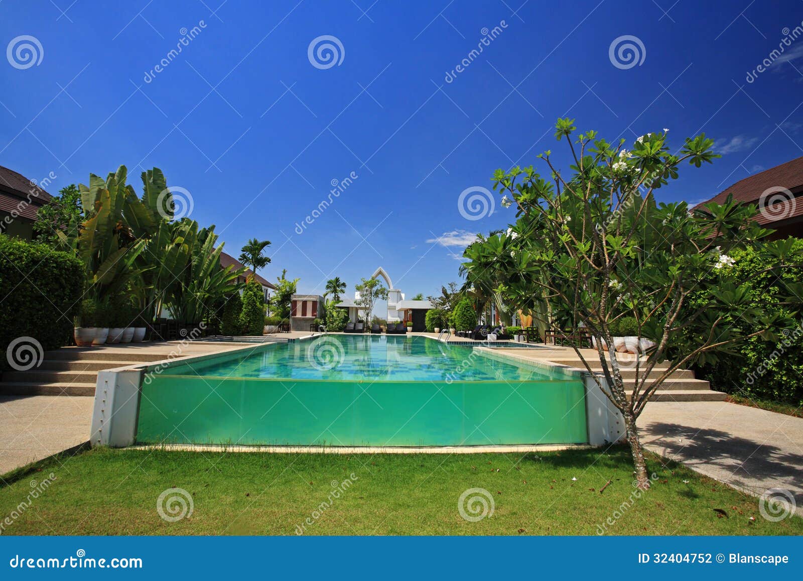 Swimming Pool Against Blue Sky Stock Photo - Image of rest, palm: 32404752