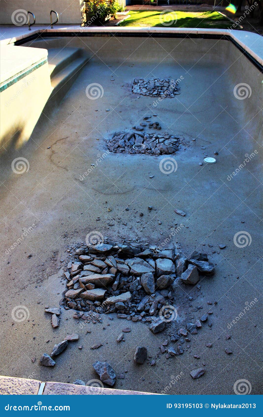 Swimming pool demolition stock image. Image of tile, rock - 93195103
