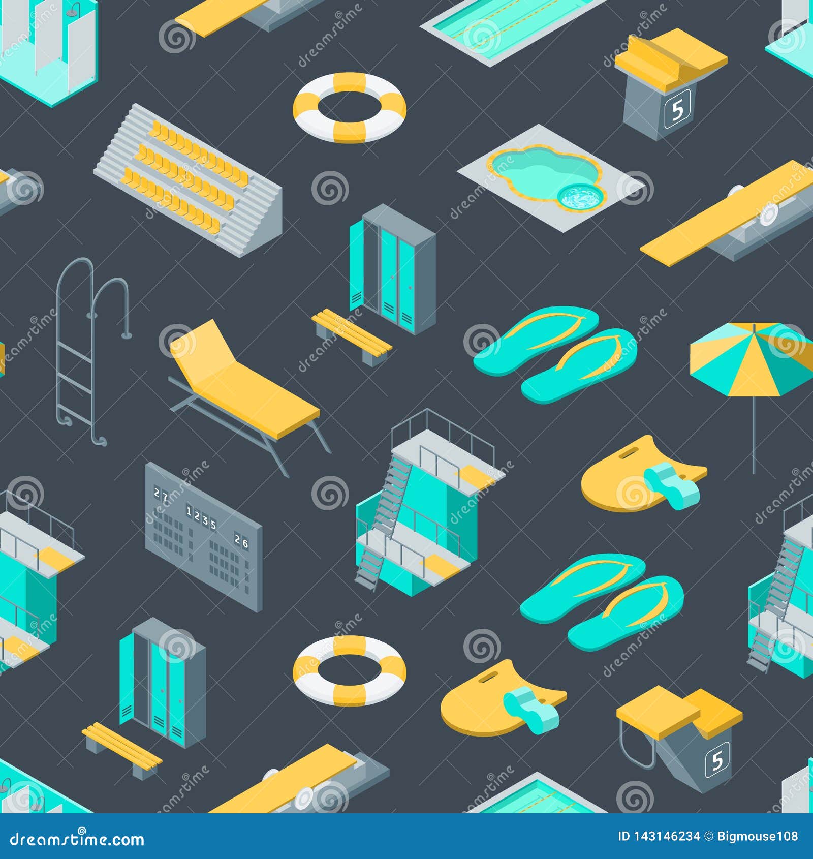 Swimming Pool Elements 3d Seamless Pattern Background Isometric View ...