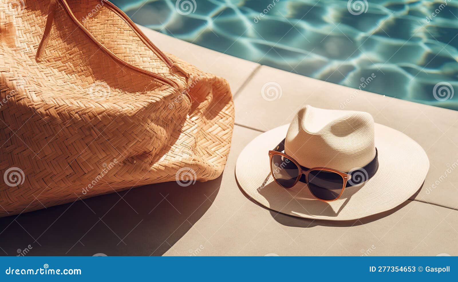 Swimming Pool Essentials Concept. Beach Bag with Items for Safe ...