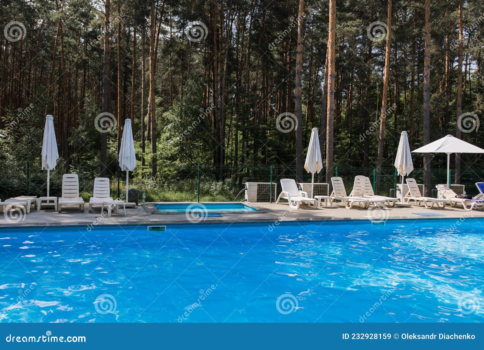 Swimming Pool in the Forest with Umbrellas in Summer Stock Image ...