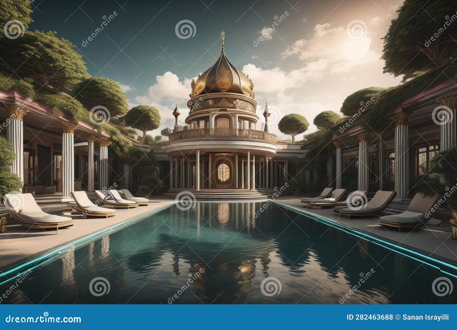 Swimming Pool in Front of the Ancient Temple. Generative Ai Stock ...