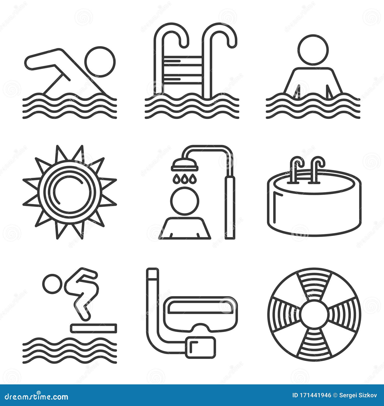 Swimming Pool Icons Set on White Background. Line Style Vector Stock ...