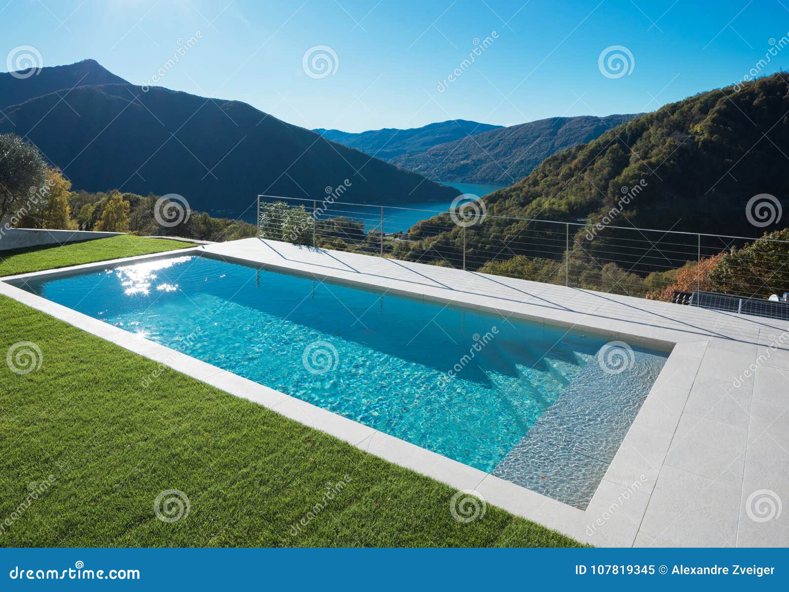 Modern Swimming Pool with Lake and Valley View Stock Image - Image of ...
