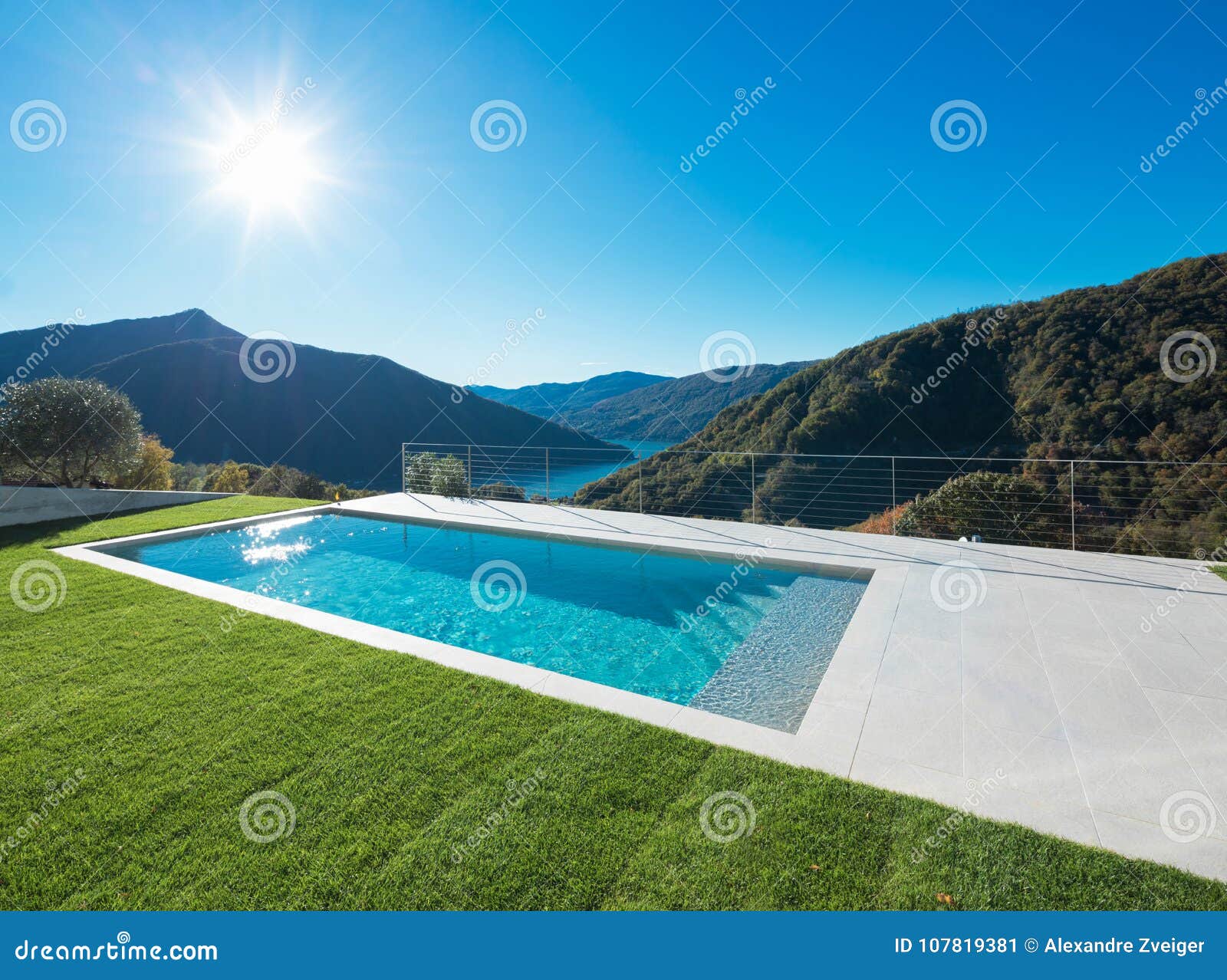 Modern Swimming Pool with Lake and Valley View Stock Image - Image of ...