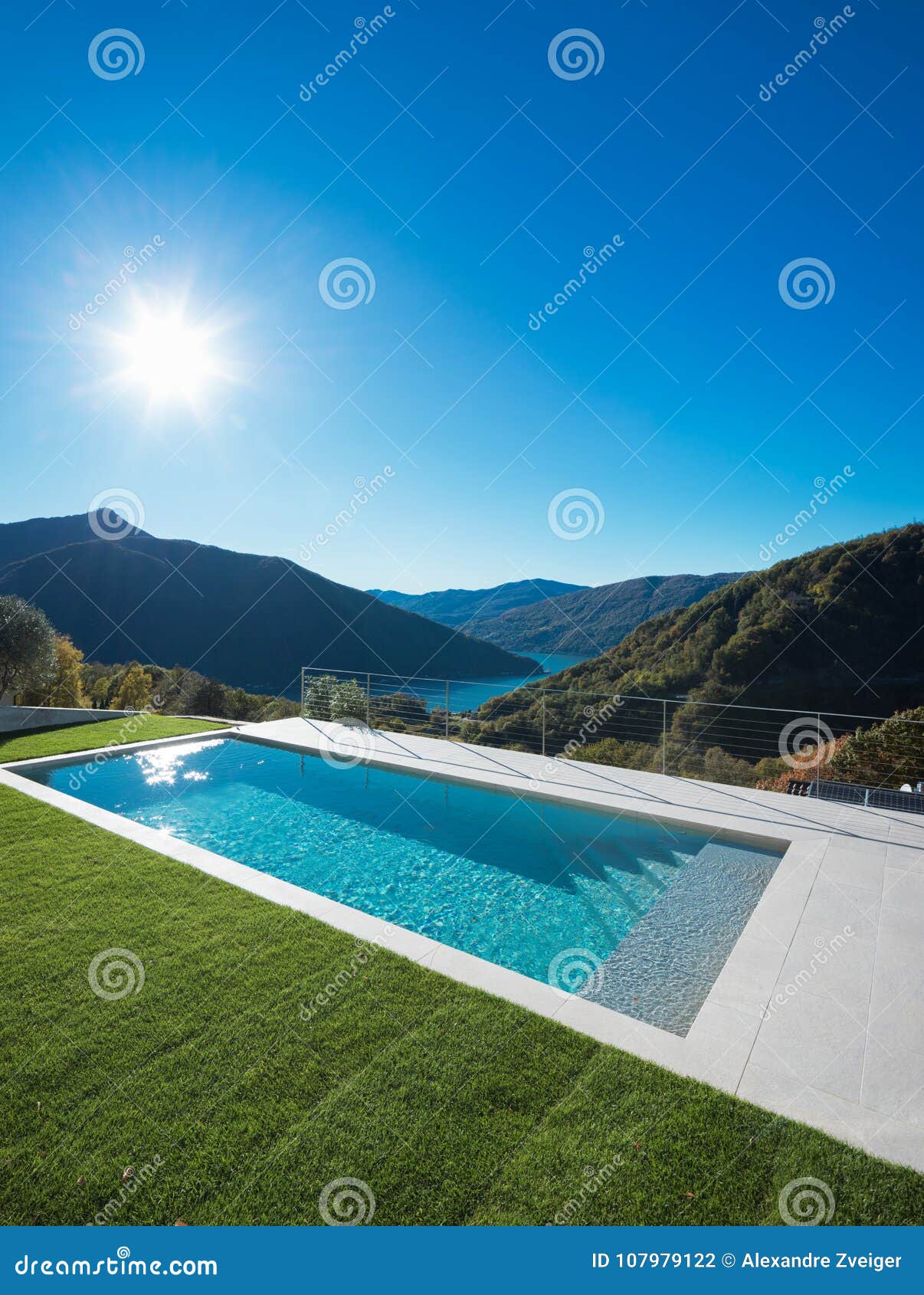 Modern Swimming Pool with Lake and Valley View Stock Photo - Image of ...
