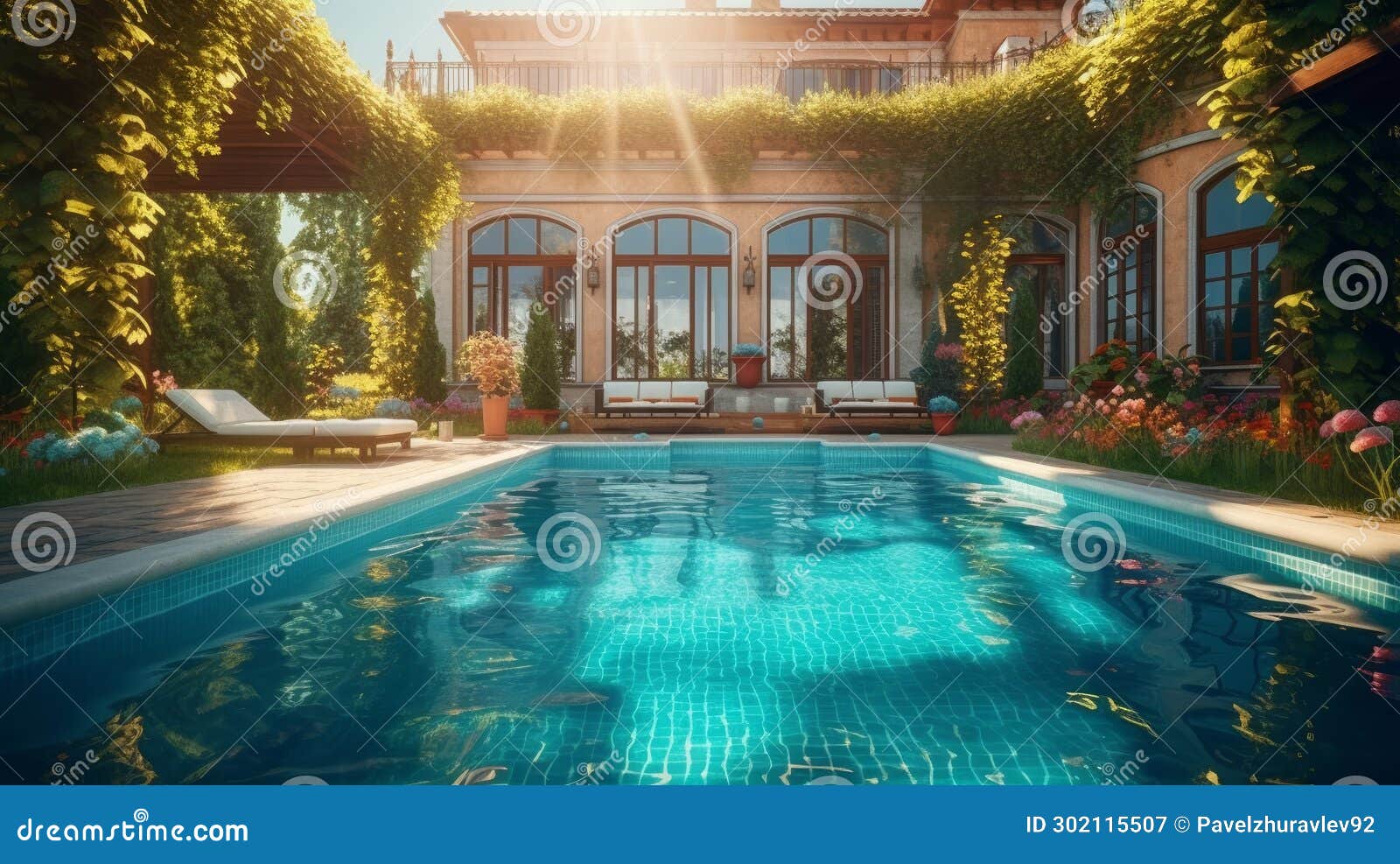 Swimming Pool in Luxury Villa with Sun Flare Effect. 3d Rendering Stock ...