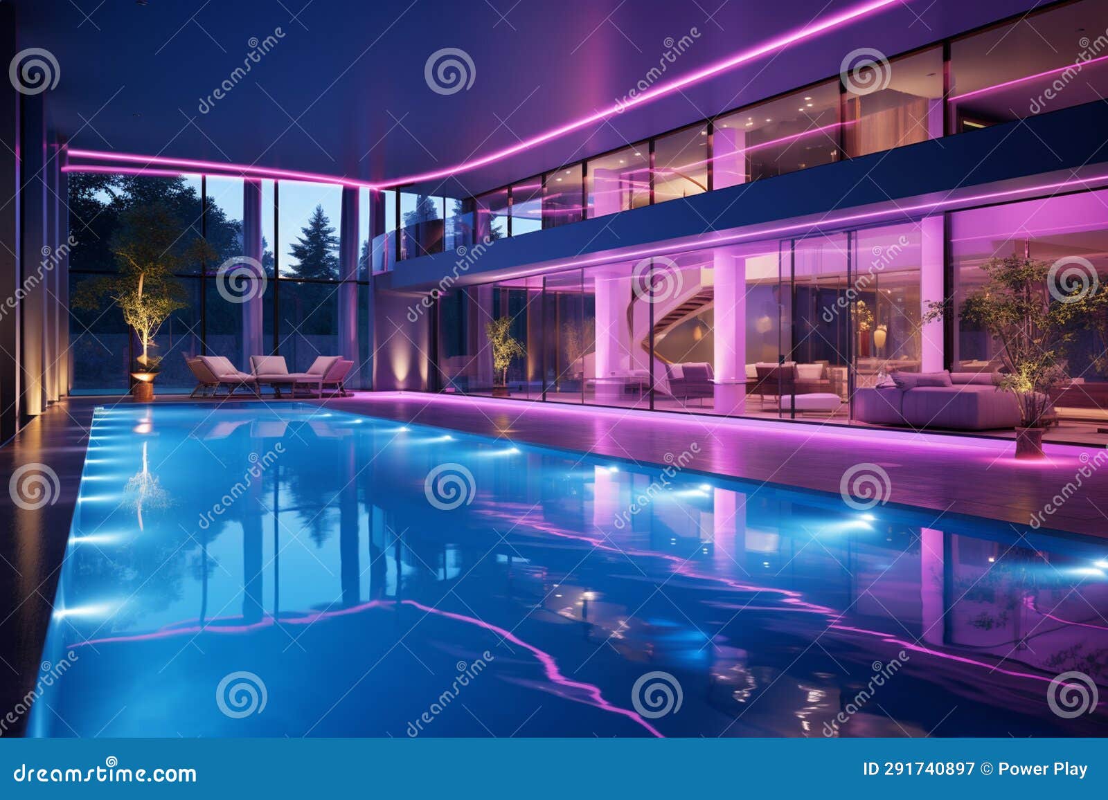 Swimming Pool with Neon Lights at Night. 3D Rendering Stock ...