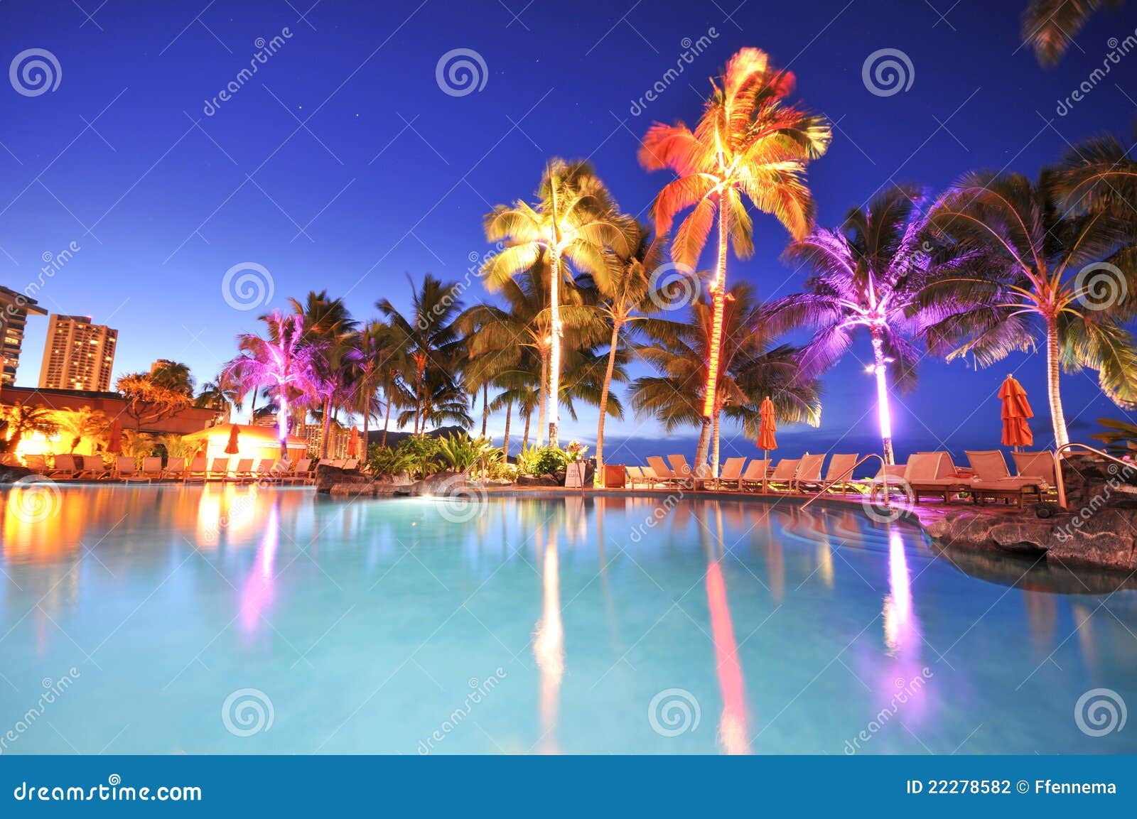 Swimming Pool with Palm Trees at Night Time Stock Photo - Image of ...