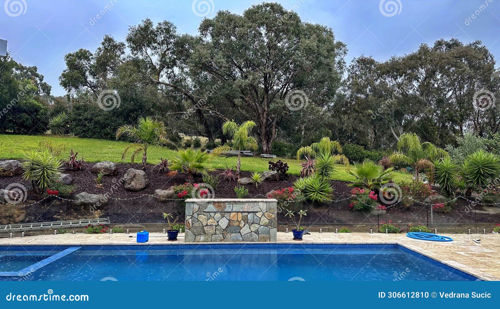 Swimming Pool in a Rainy Day Stock Photo - Image of green, leisure ...