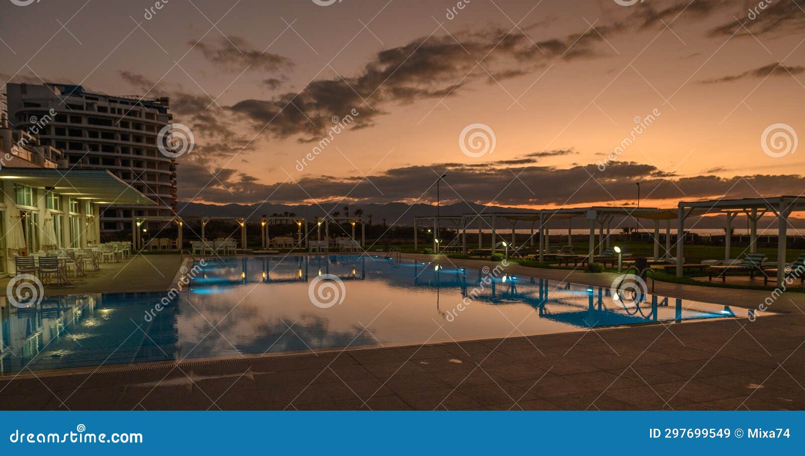 Swimming Pool in a Residential Complex in the Sunset Light 1 Stock ...