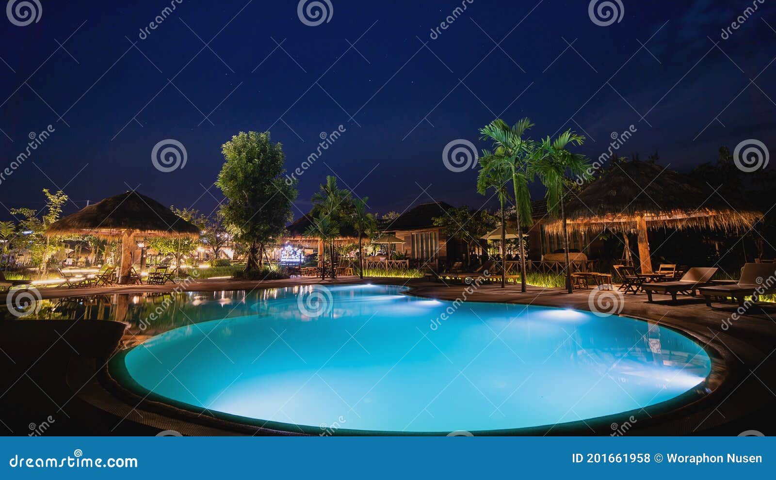 Swimming Pool at Resort Night Lighting Stock Photo - Image of ocean ...