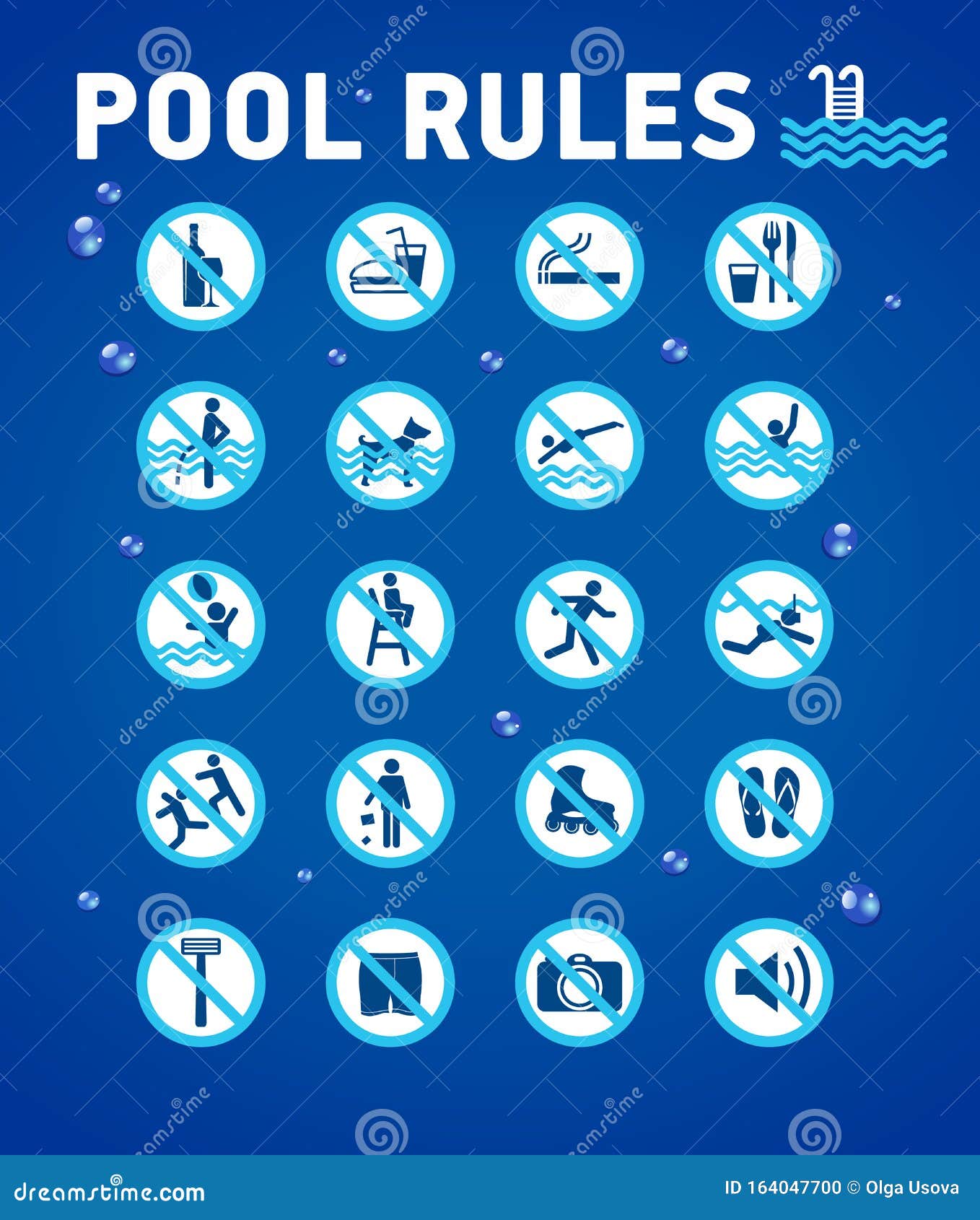 Swimming Pool Rules On Blue With Desihn Elements-waterdrops. Set Of ...
