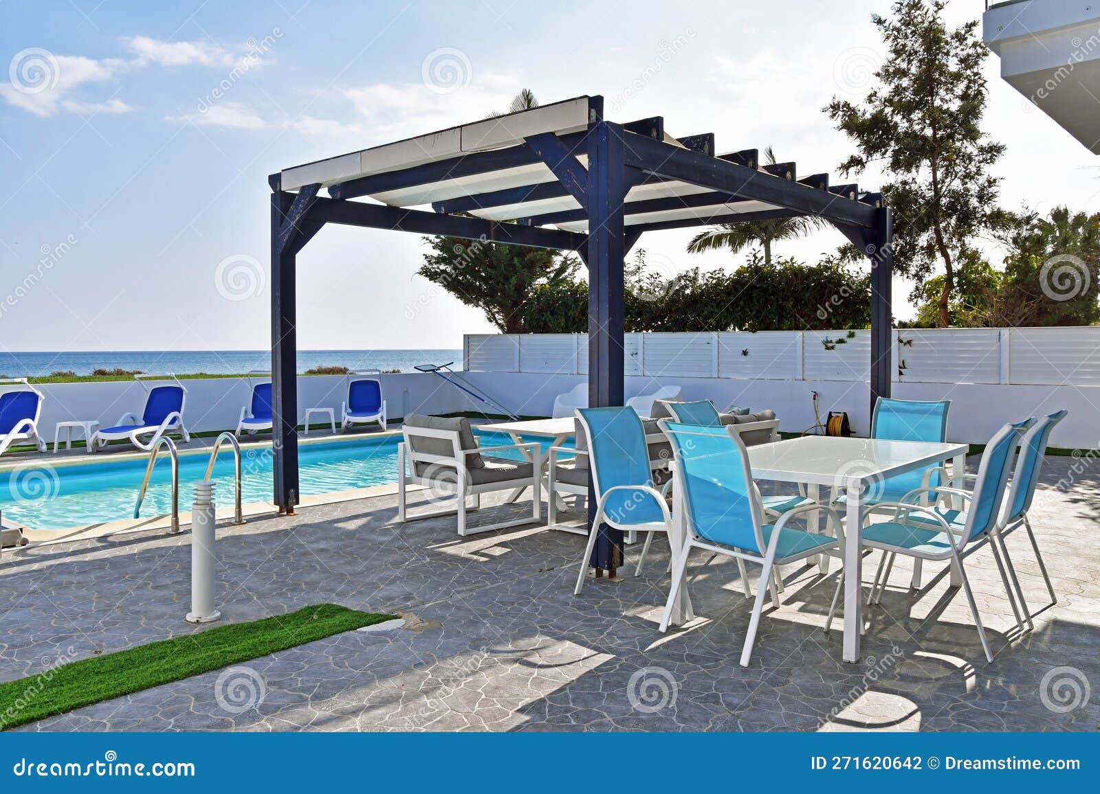 Swimming Pool with Sea View Stock Photo - Image of table, furniture ...