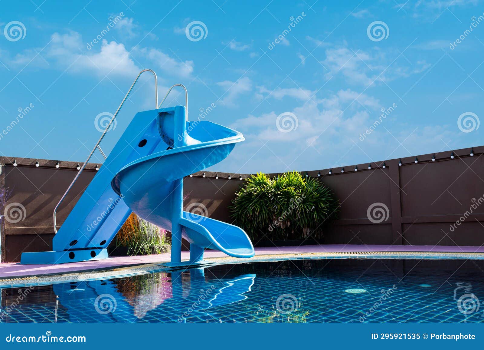 Swimming Pool with Slides Over Blue Sky Background. Summer Concept ...