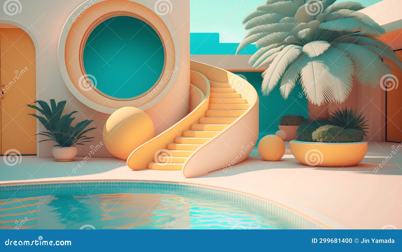 Swimming Pool with Steps and Palm Tree. 3D Rendering Stock Illustration ...
