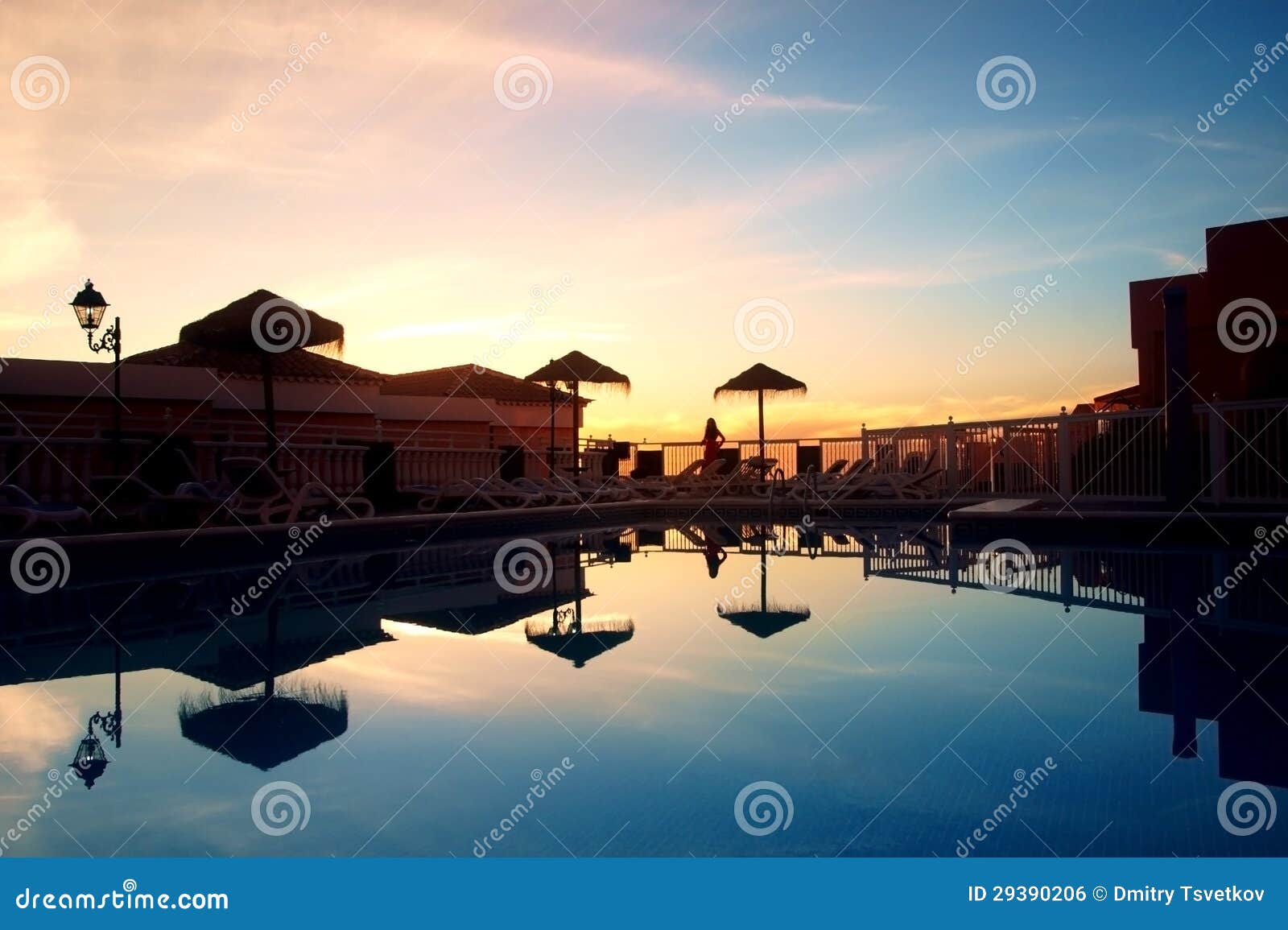 Swimming pool at sunset stock photo. Image of blue, summer - 29390206