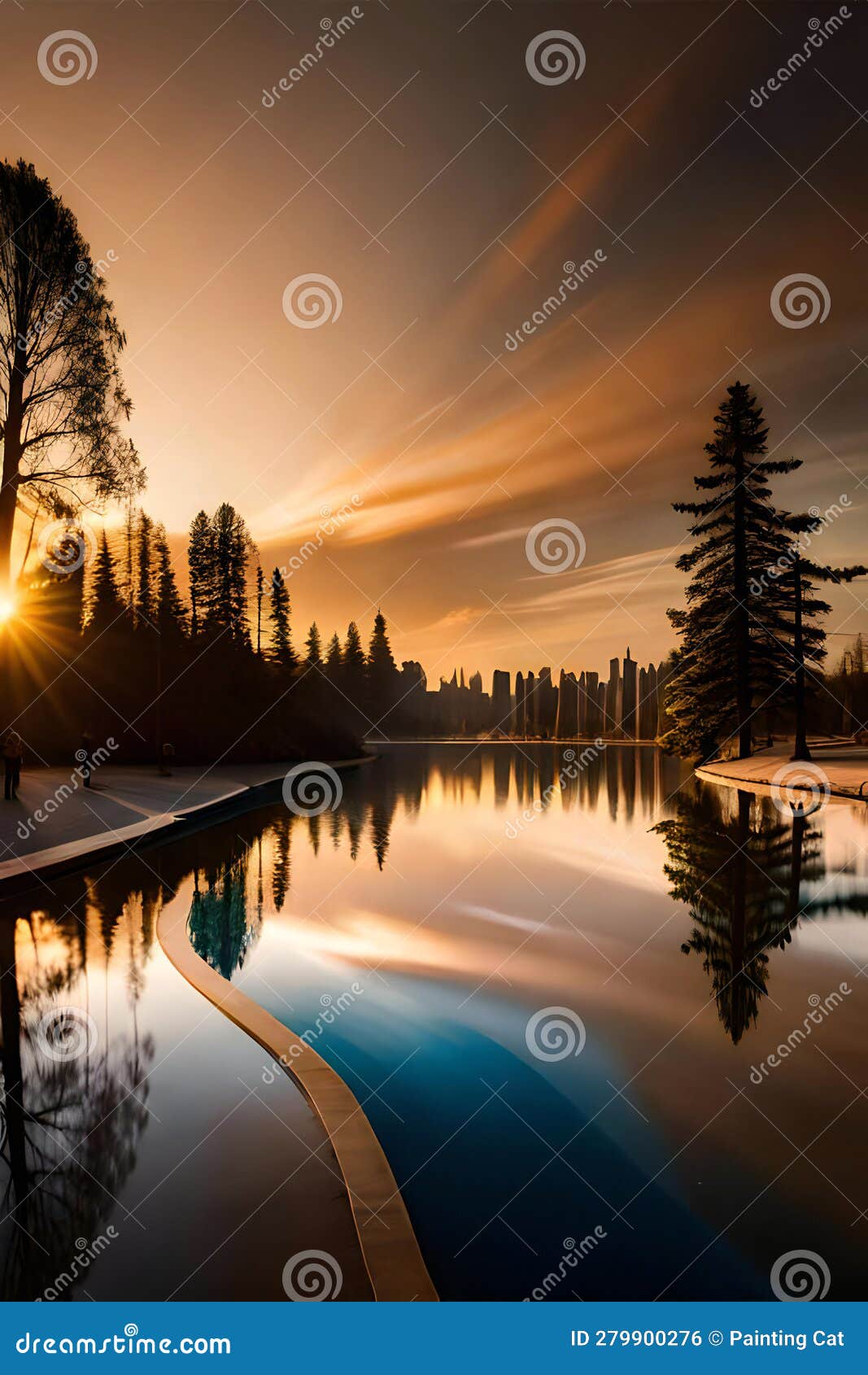 Swimming Pool at Sunset with Reflection of Trees in the Water Stock ...