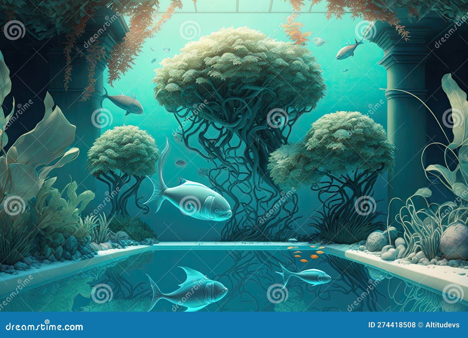 Swimming Pool with Surreal Underwater World of Floating Objects and ...