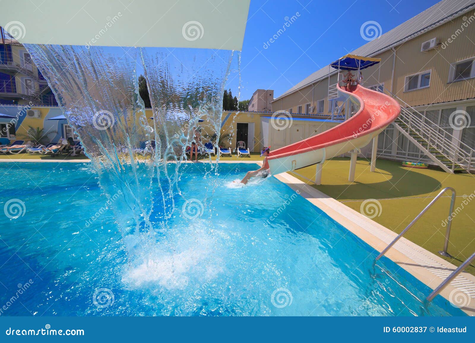 Swimming Pool with Tube and Waterfall Water Stock Image - Image of ...
