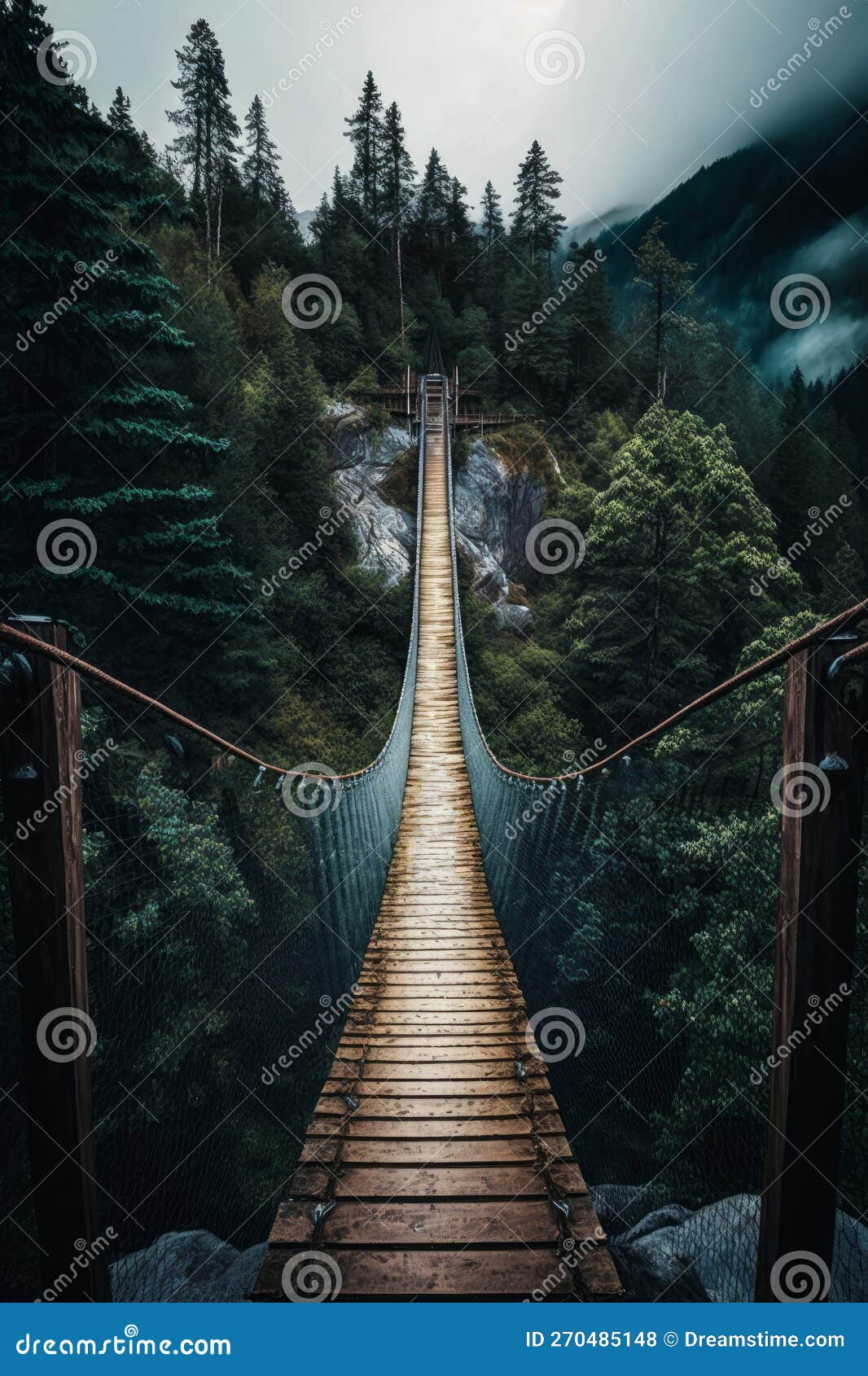 The Swing Bridge Goes Over a Steep Hill in a Forested Area of Trees and ...