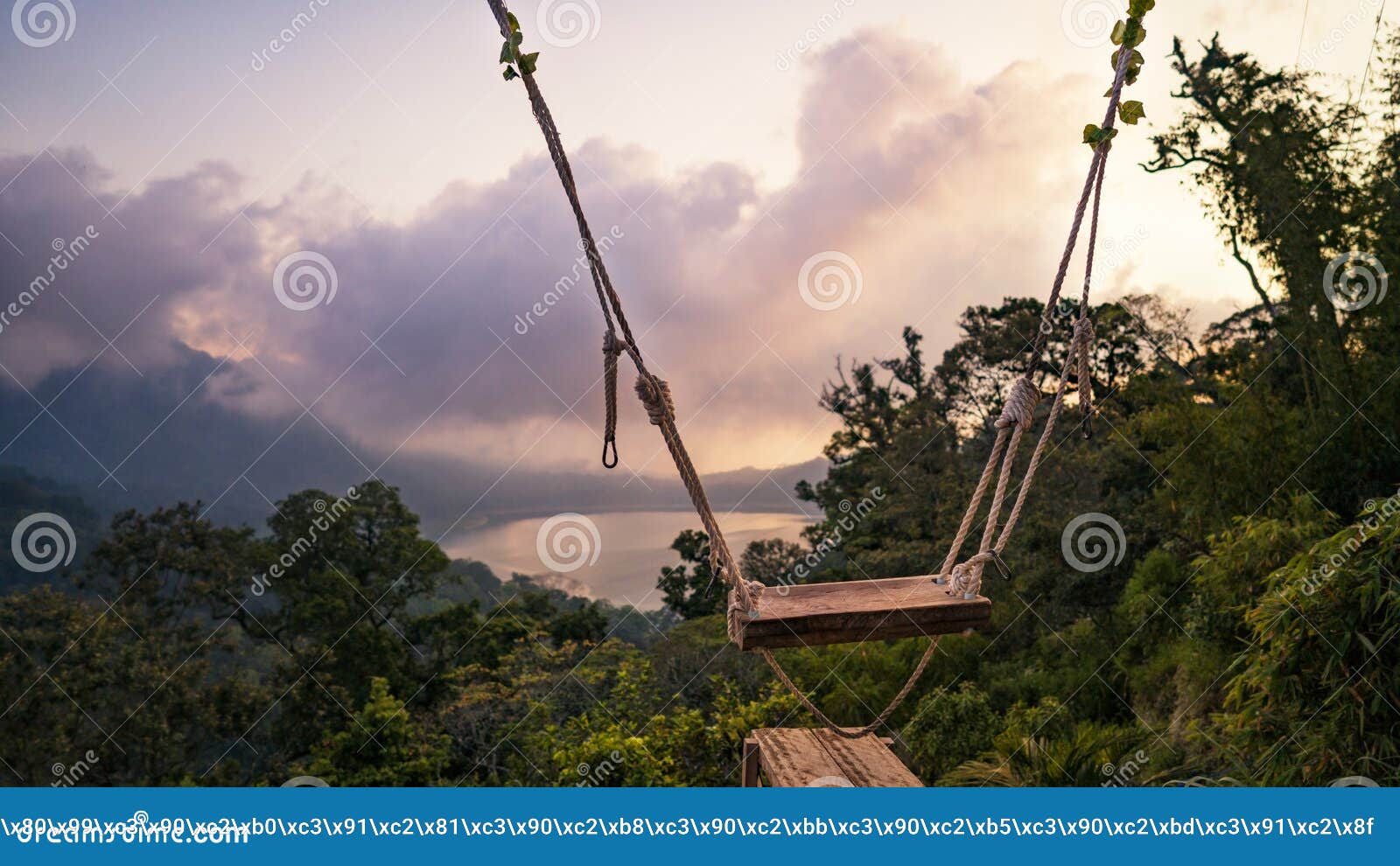 Swing on a Cliff at Sunset Against the Lake and Forest Stock Photo ...