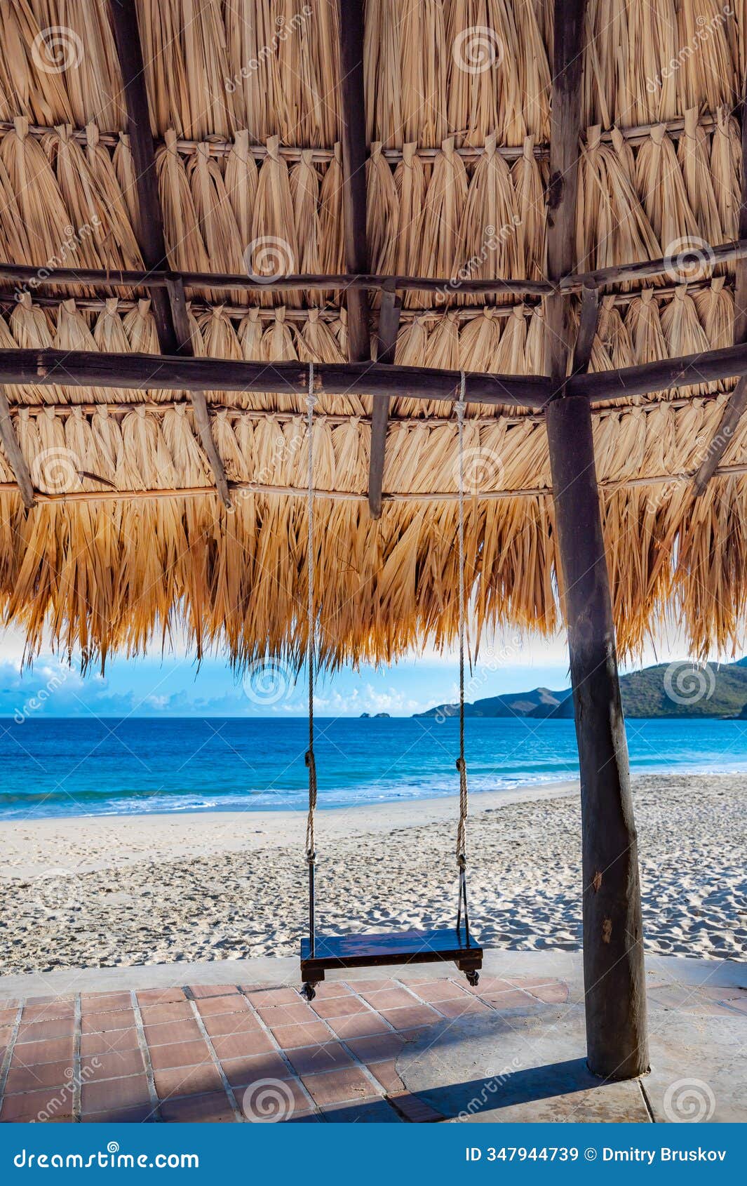 A Swing is Hanging from a Thatched Roof Over a Beach Stock Image ...
