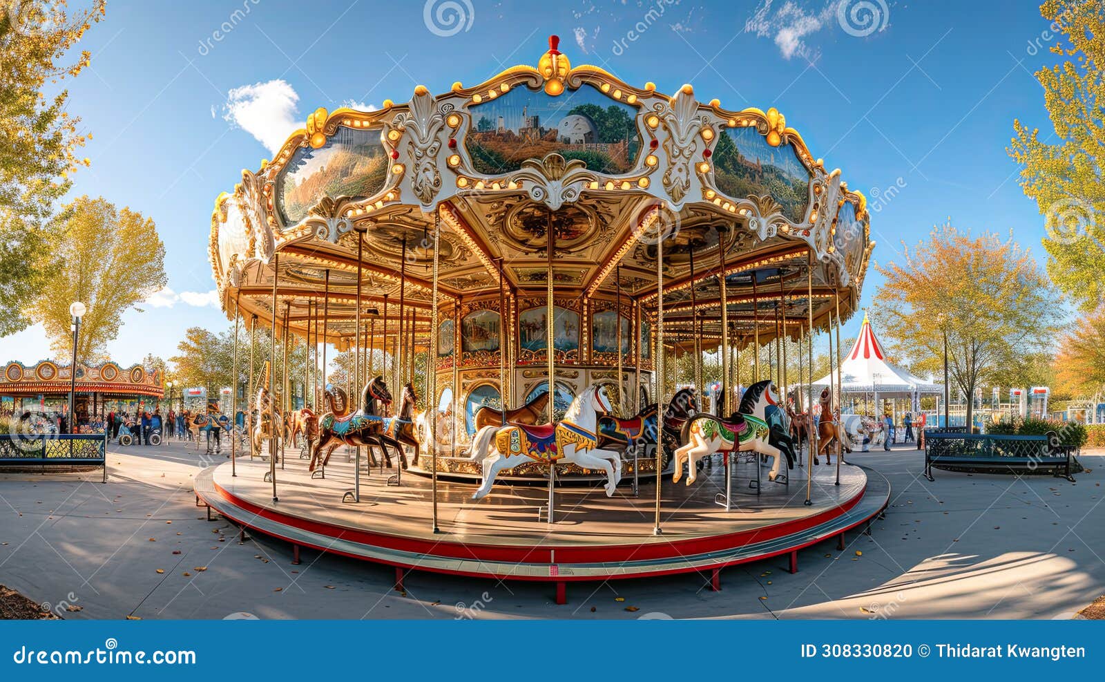 A Swinging Carousel Fair Ride in Amusement Park at Sunset.Generative Ai ...