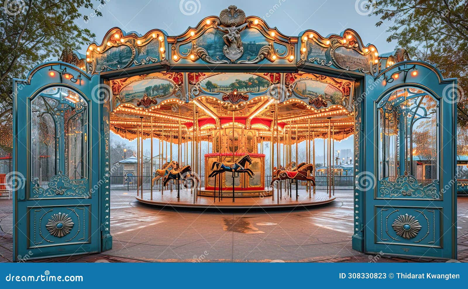 A Swinging Carousel Fair Ride in Amusement Park at Sunset.Generative Ai ...