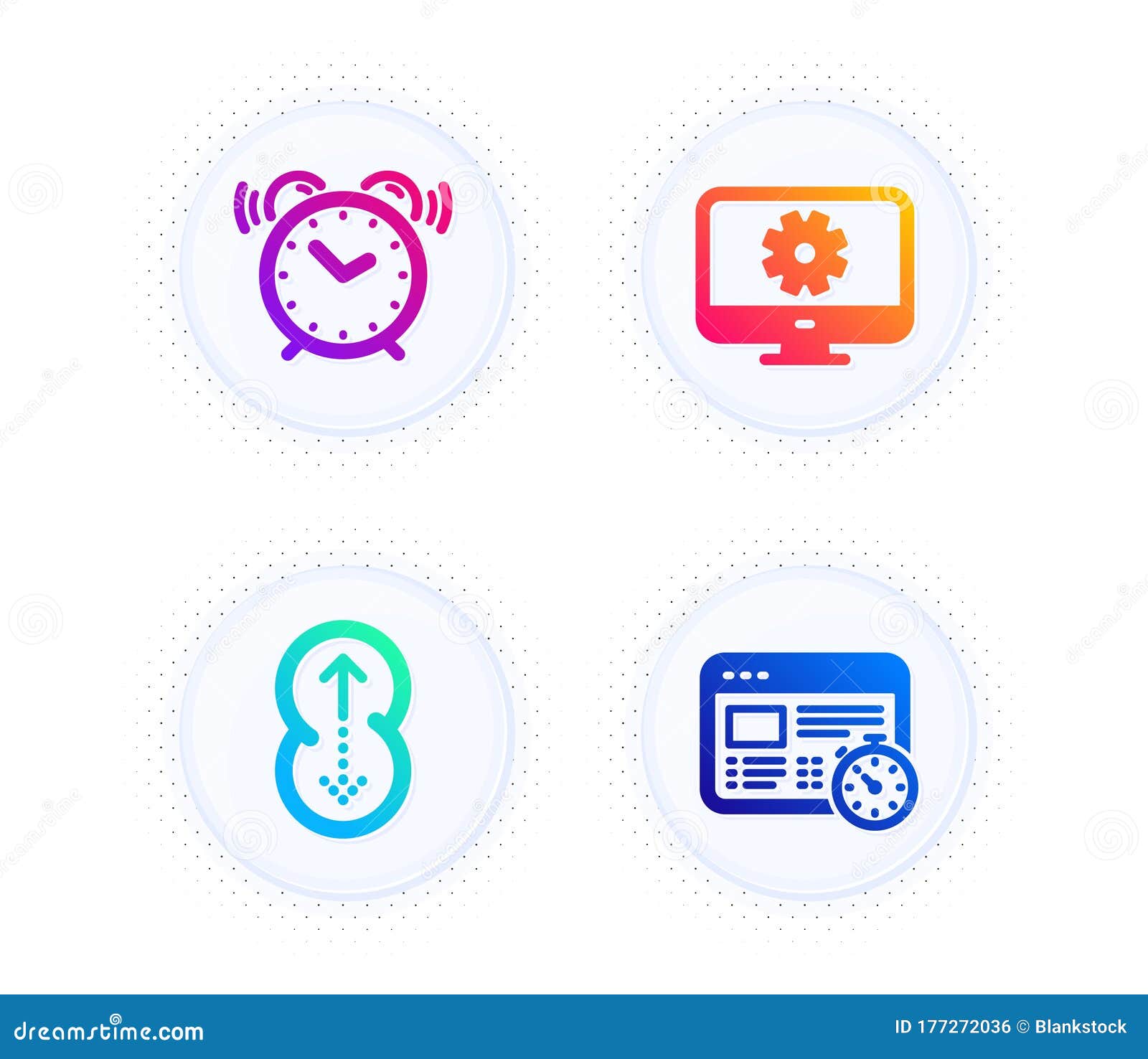 Swipe Up, Monitor Settings and Alarm Clock Icons Set. Web Timer Sign. Scrolling Page, Service ...