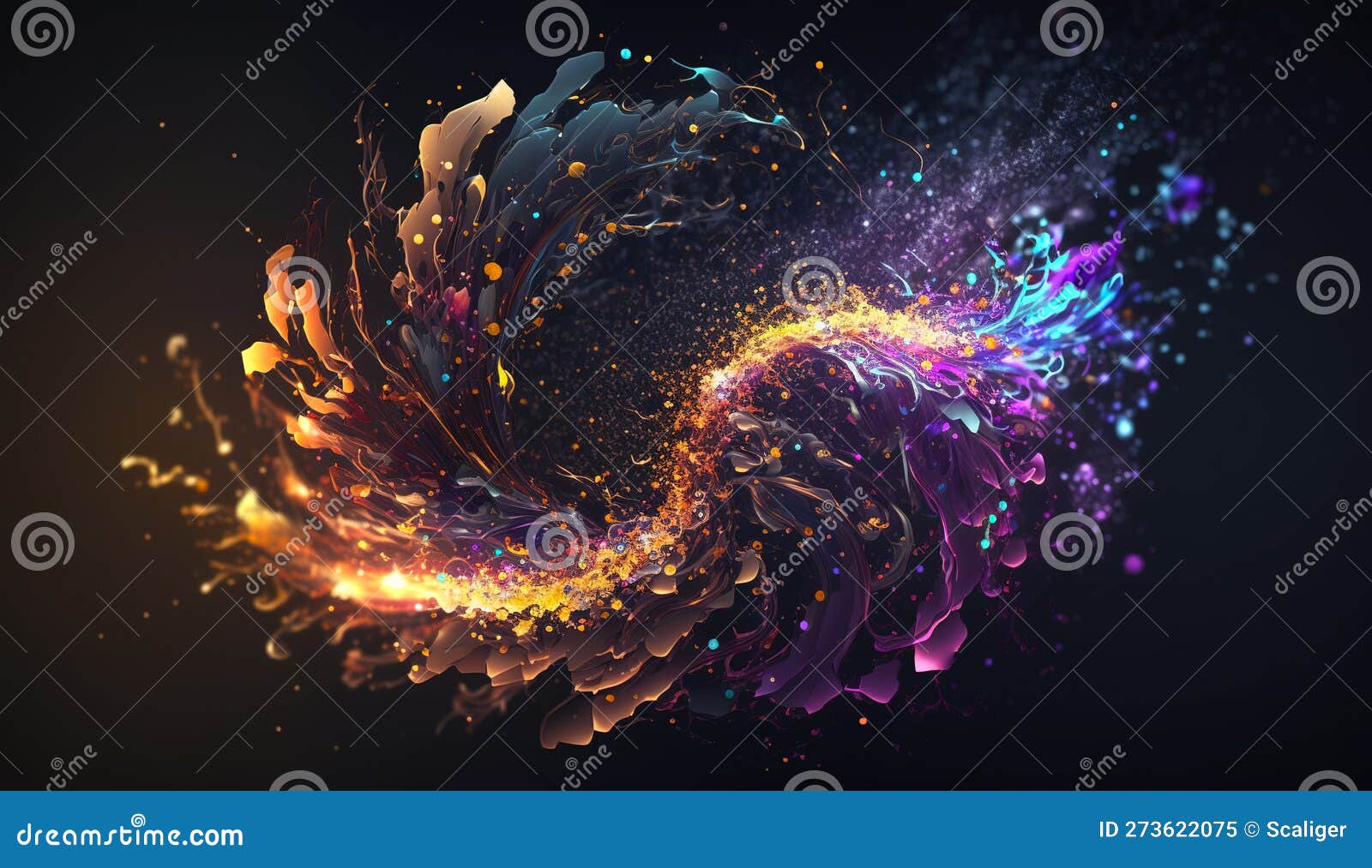 Swirl of Small Flying Particles, Splash of Paint on Dark Background ...