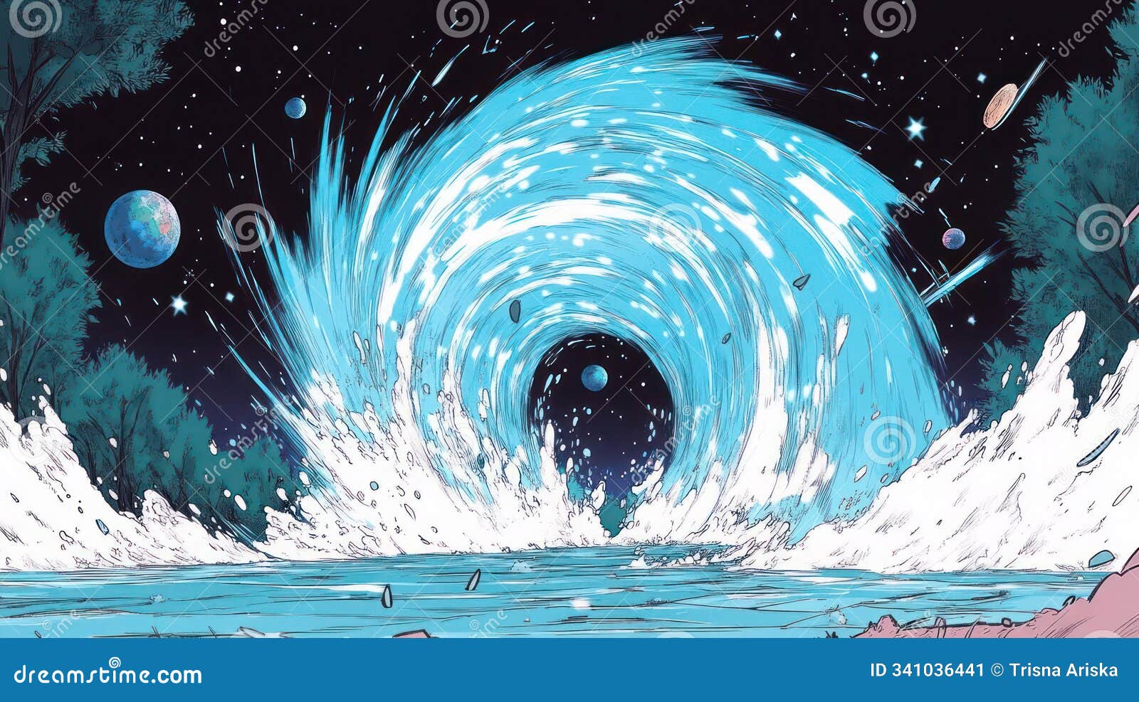 A Swirling Blue Vortex in a Cosmic Setting, Surrounded by Planets and a ...