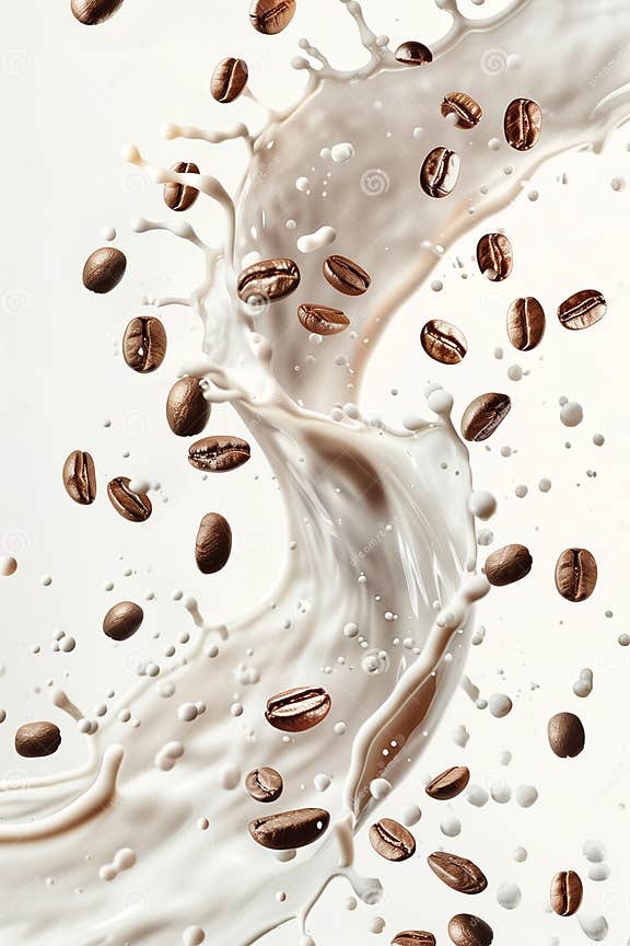 Swirling Coffee Beans and Milk Creating Beautiful Patterns on White ...