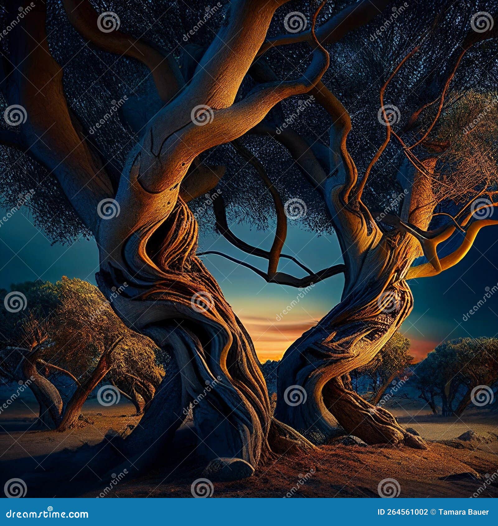 Dancing Mysterious Trees in the Evening Light Stock Illustration ...