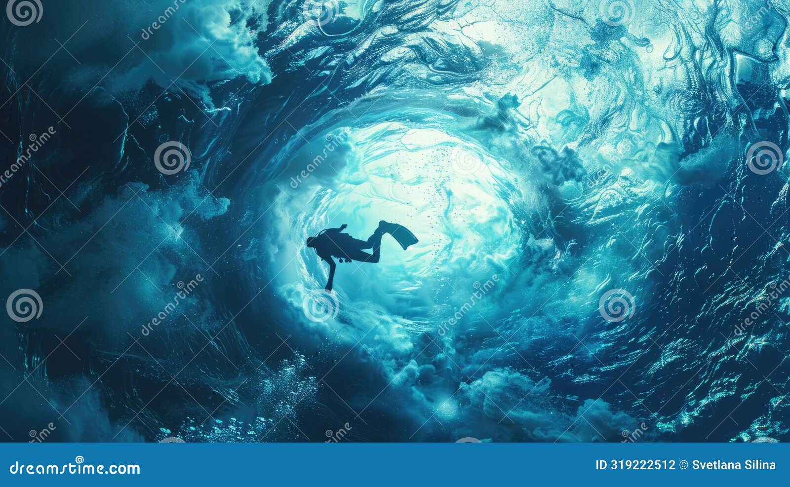 Swirling Data Streams and Digital Creatures Form an Ocean Where a Diver ...