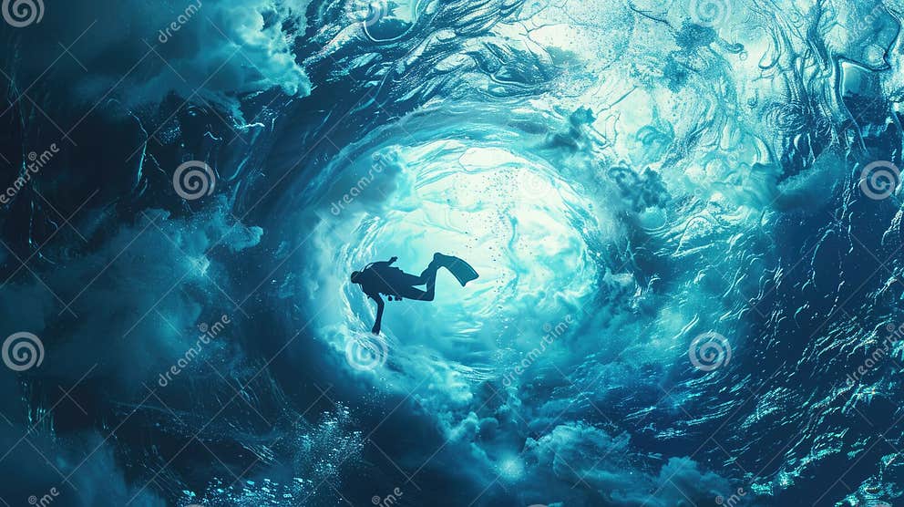 Swirling Data Streams and Digital Creatures Form an Ocean Where a Diver ...