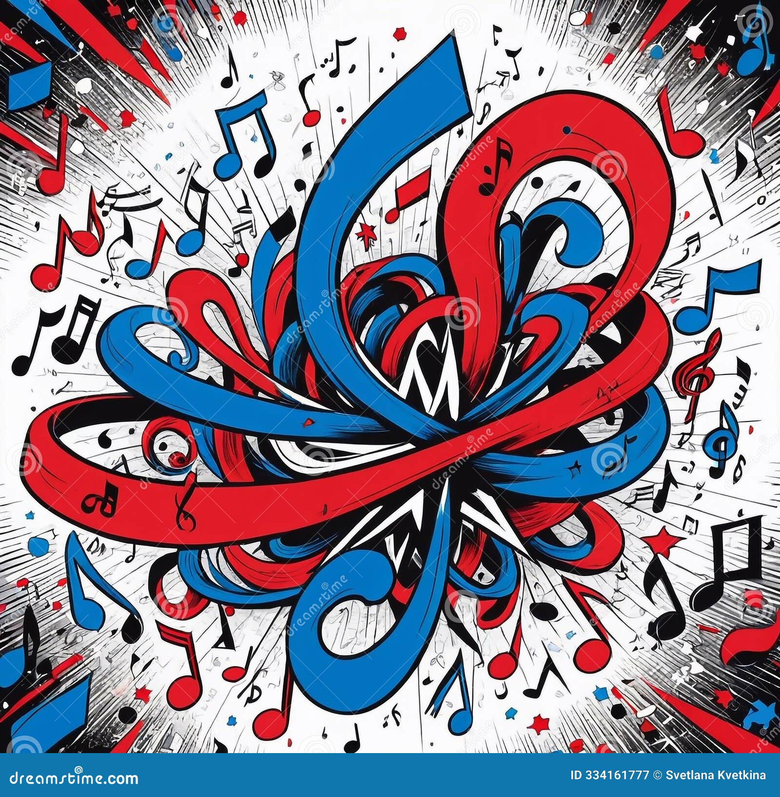 A Swirling Explosion of Musical Notes and Symbols in Red, Blue, and ...