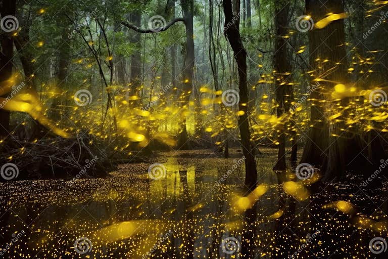 Swirling Pattern of Fireflies Reflecting on Swamp Surface Stock ...